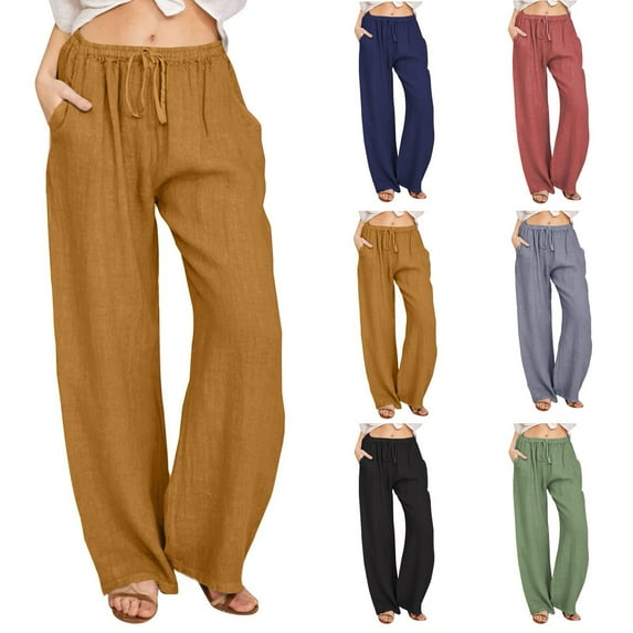 Dwellite Womens Linen Pants Casual Fashion Drawstring Pants Wide Leg ...