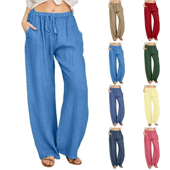 Dwellite Womens Linen Pants Casual Fashion Drawstring Pants Wide Leg ...