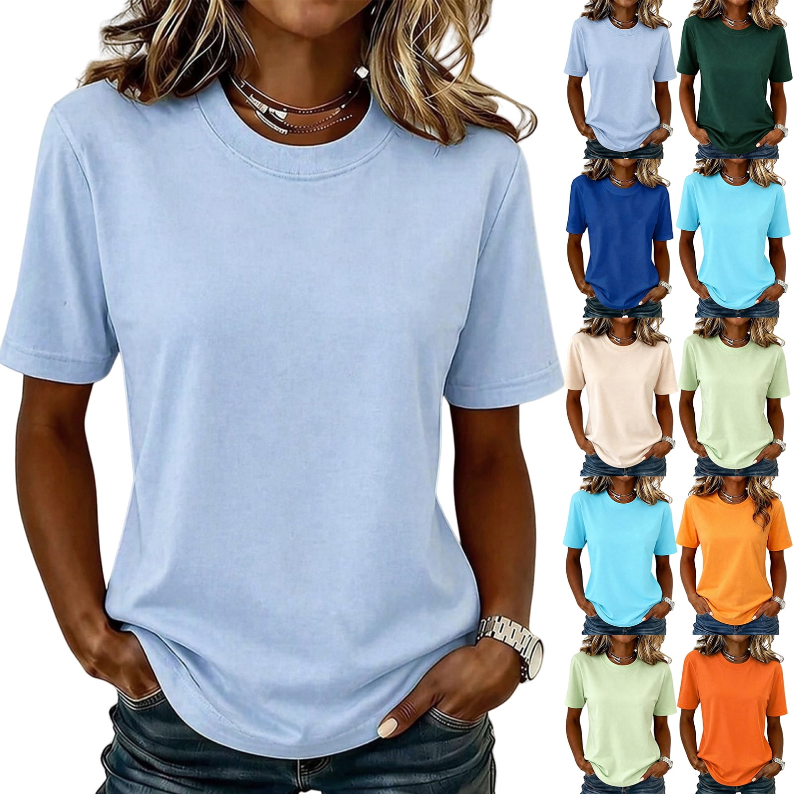 Dwellite Womens Short Sleeve Tops Summer 2026 Casual Crewneck Cotton ...