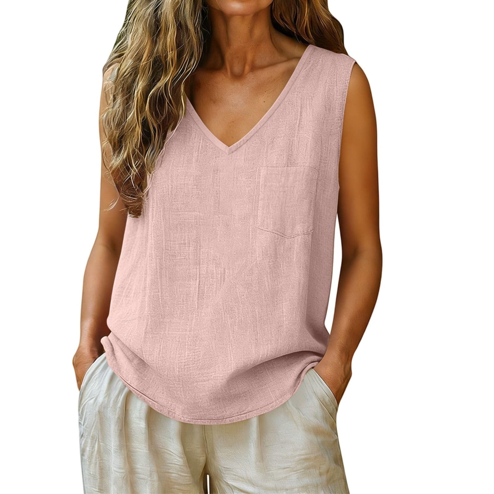 Dwellite Womens Tank Tops Loose Fit V Neck Cotton Linen Casual ...