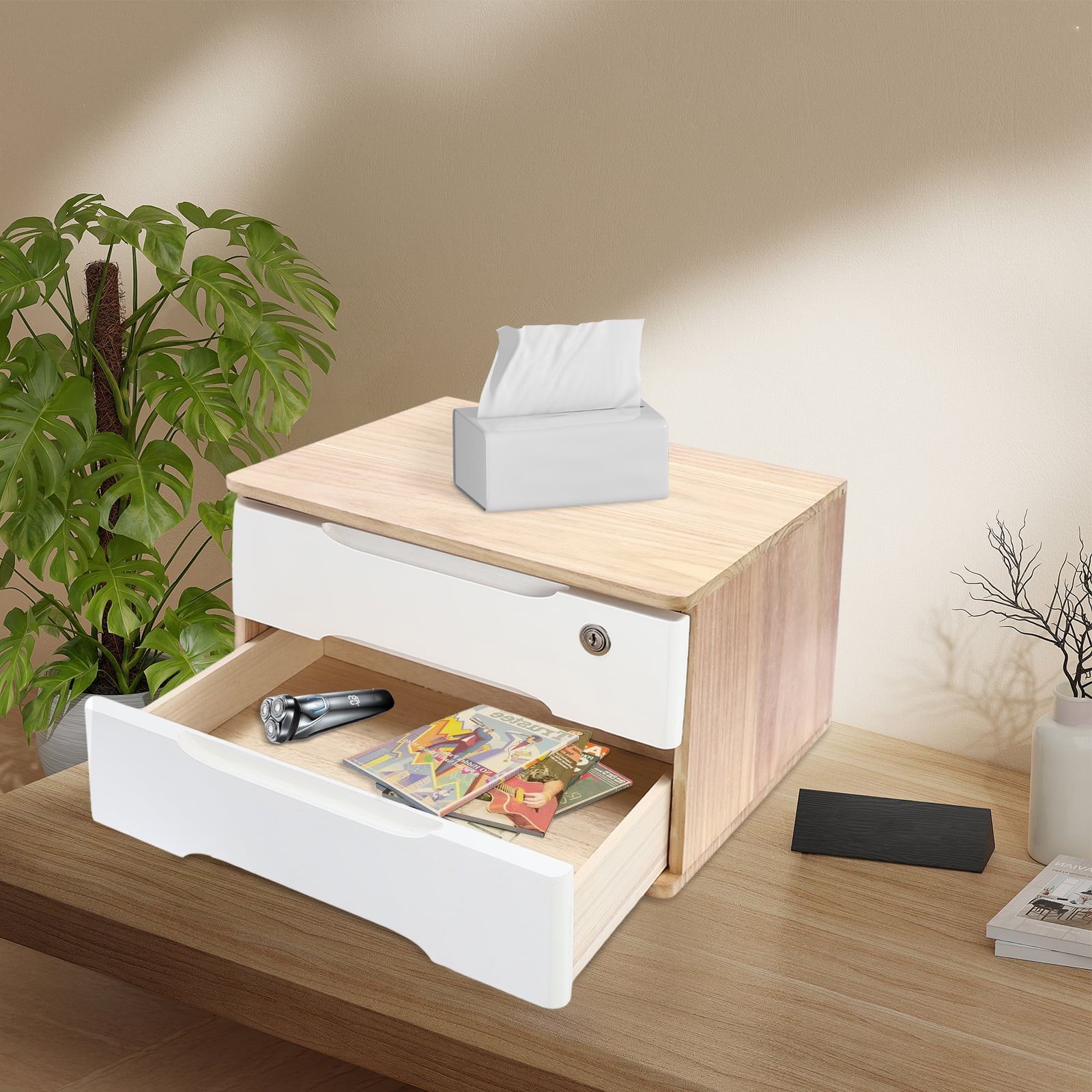 Dwellnix 2-Tier Wooden Desktop Storage Box with Drawers, Lockable ...