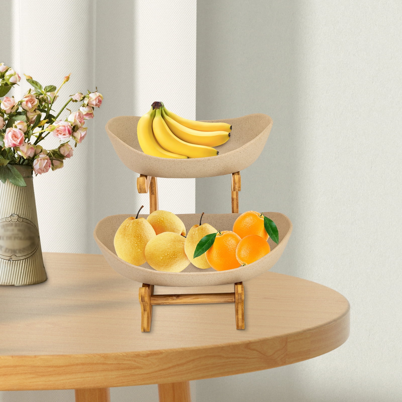 Dwellnix Elegant Two-Tiered Fruit Bowl with Bamboo Stand, Pottery ...