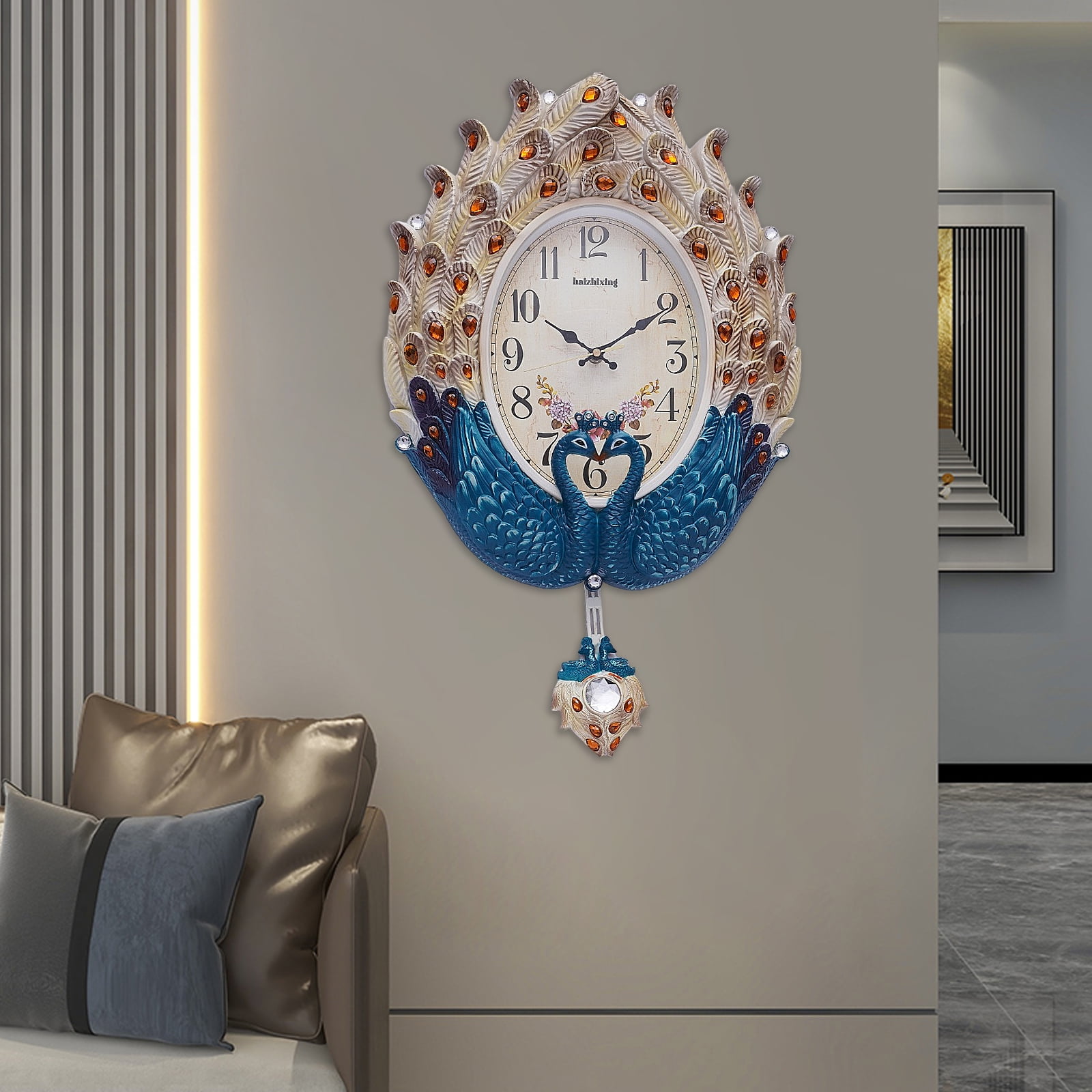 Dwellnix Retro Luxury Peacock Wall Clock Wall Mounted Pendulum Clock ...