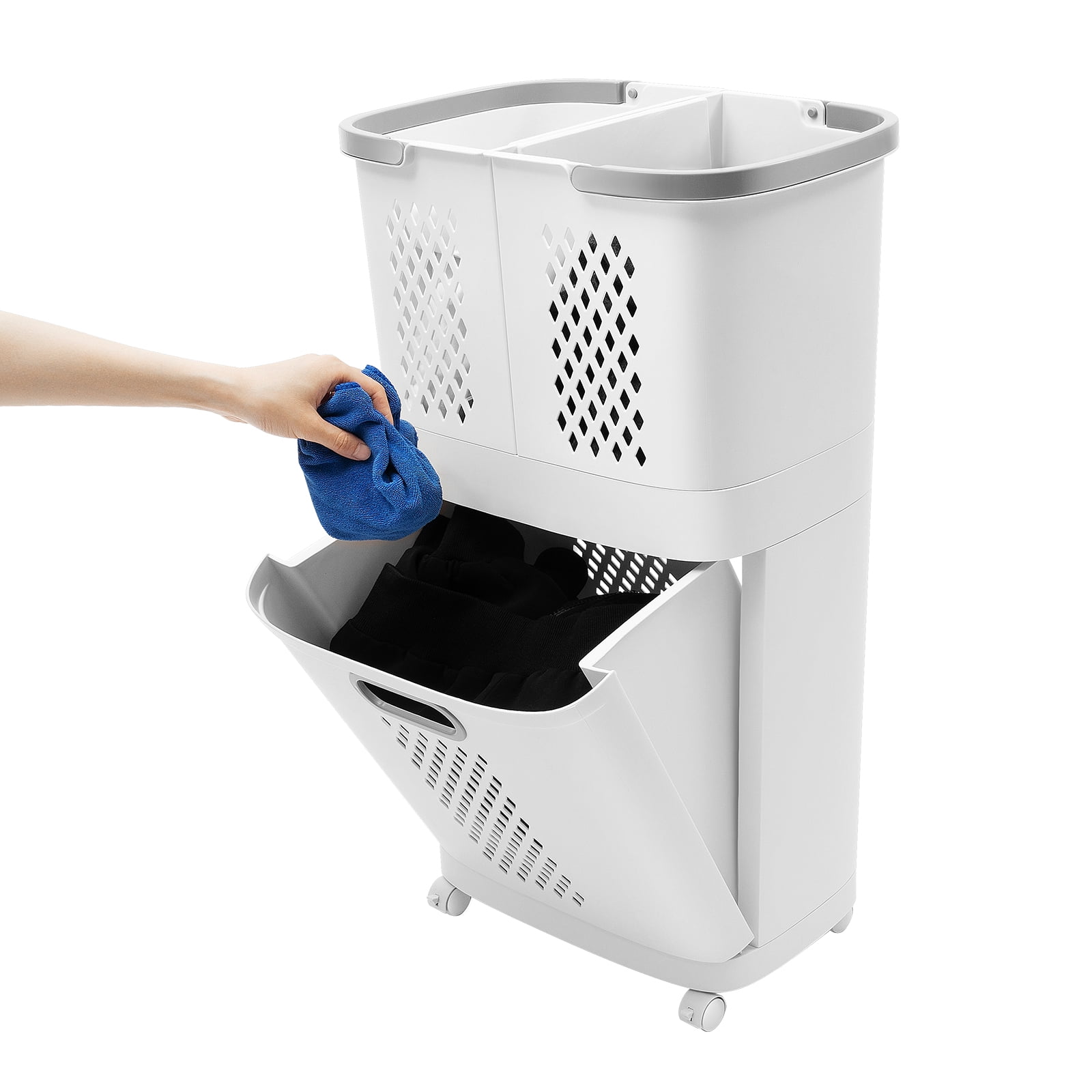 Dwellnix Rolling Laundry Basket with 3 Removable Hampers, Grey-White ...