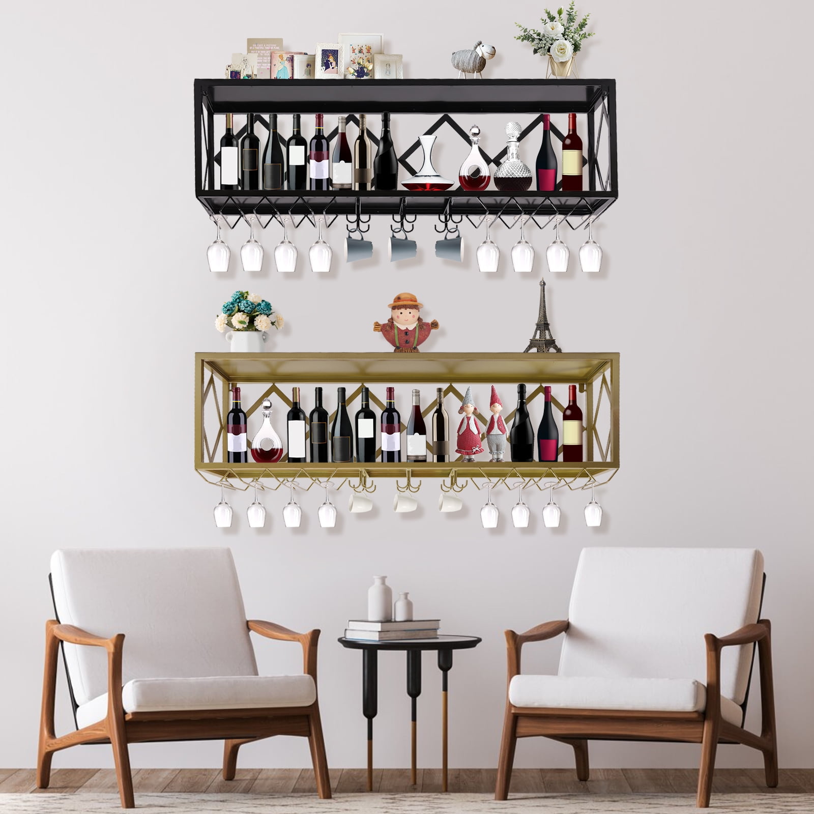 Dwellnix Wine Rack Wine Wall Mounted Floating Shelf Bottle Glass Holder ...