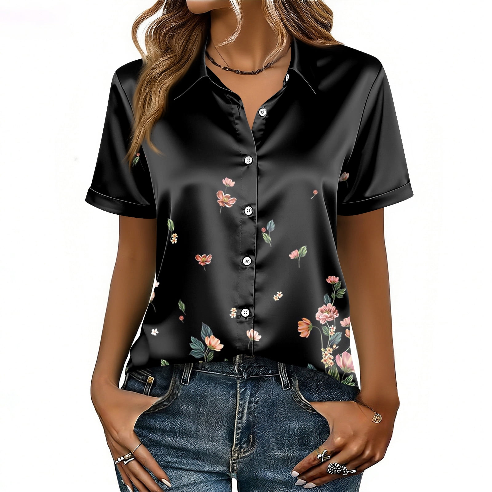 Dweltoz Blouse for Women Button Down Short Sleeve Shirts Satin Silk ...