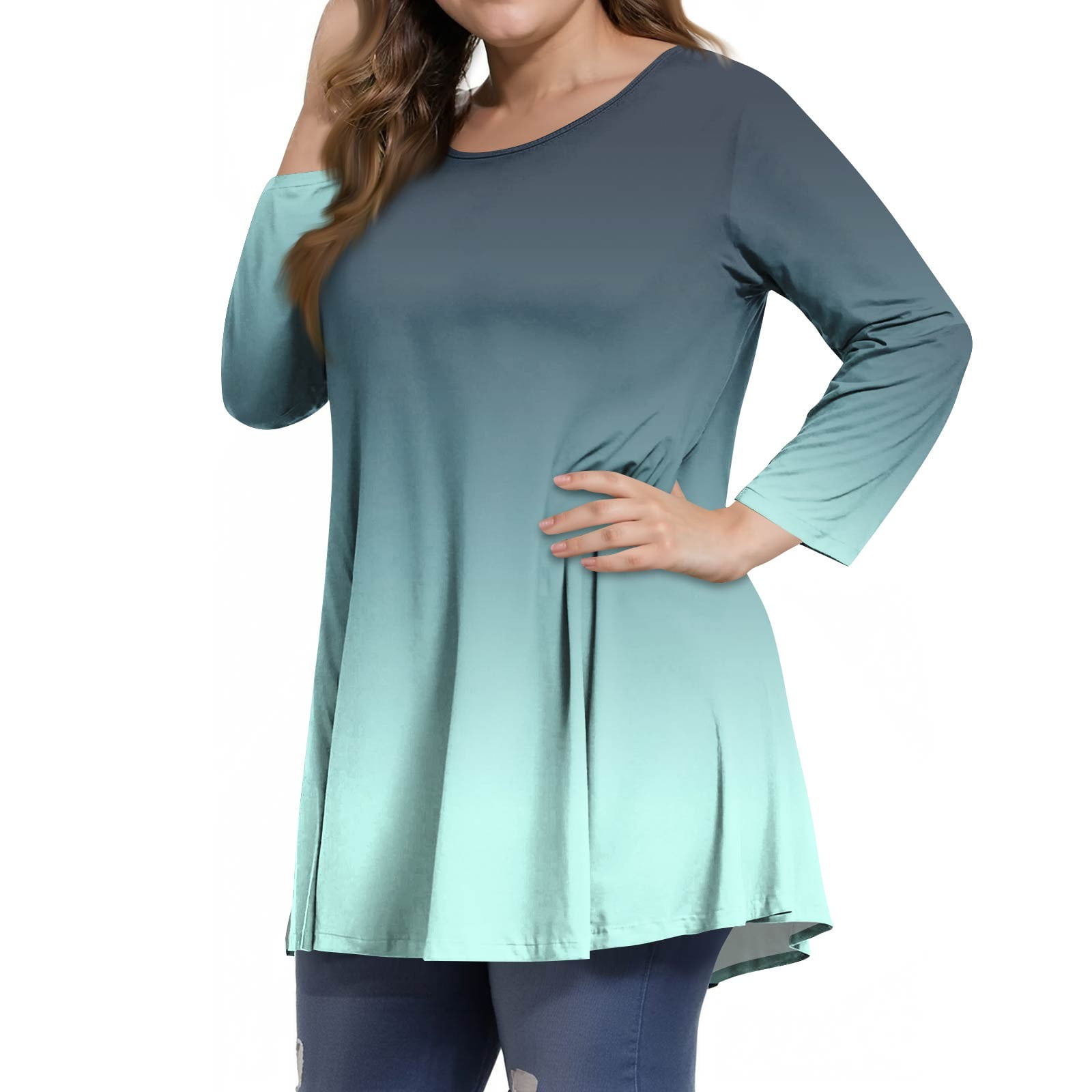 Dweltoz Plus Size Summer Outfits Summer Crew Neck T Shirts 3/4 Sleeve Outfits Casual Gradient ...