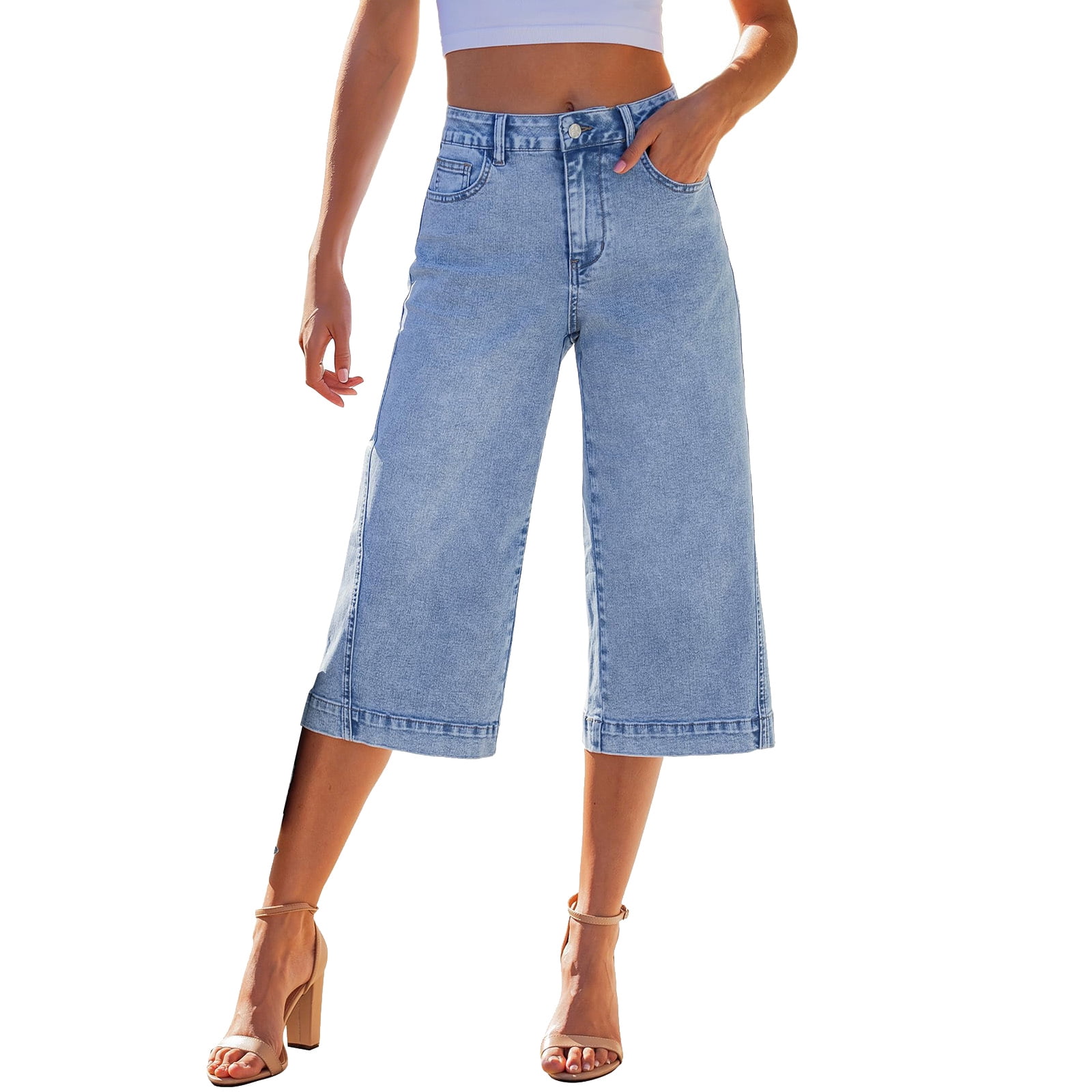 Dweltoz Women's Capri Jeans Straight Leg Mid High Waisted Side Seam ...