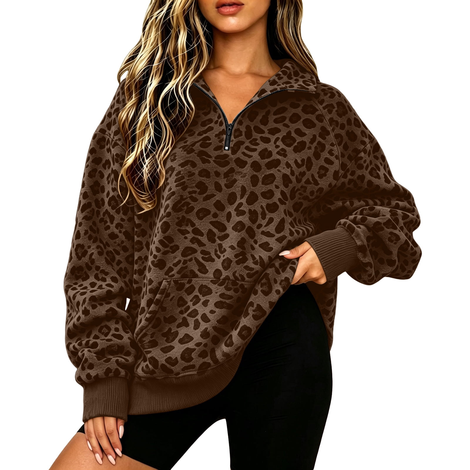 Dweltoz Women's Leopard Print Quarter Zip Sweatshirt Oversized Long ...