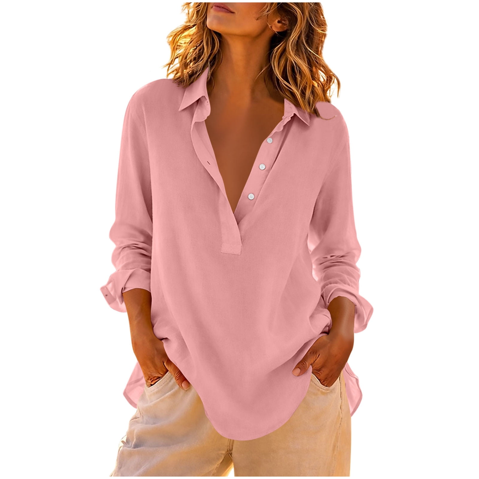 Dweltoz Women's Long Sleeve Henley Oversized Linen Shirts | Button V ...