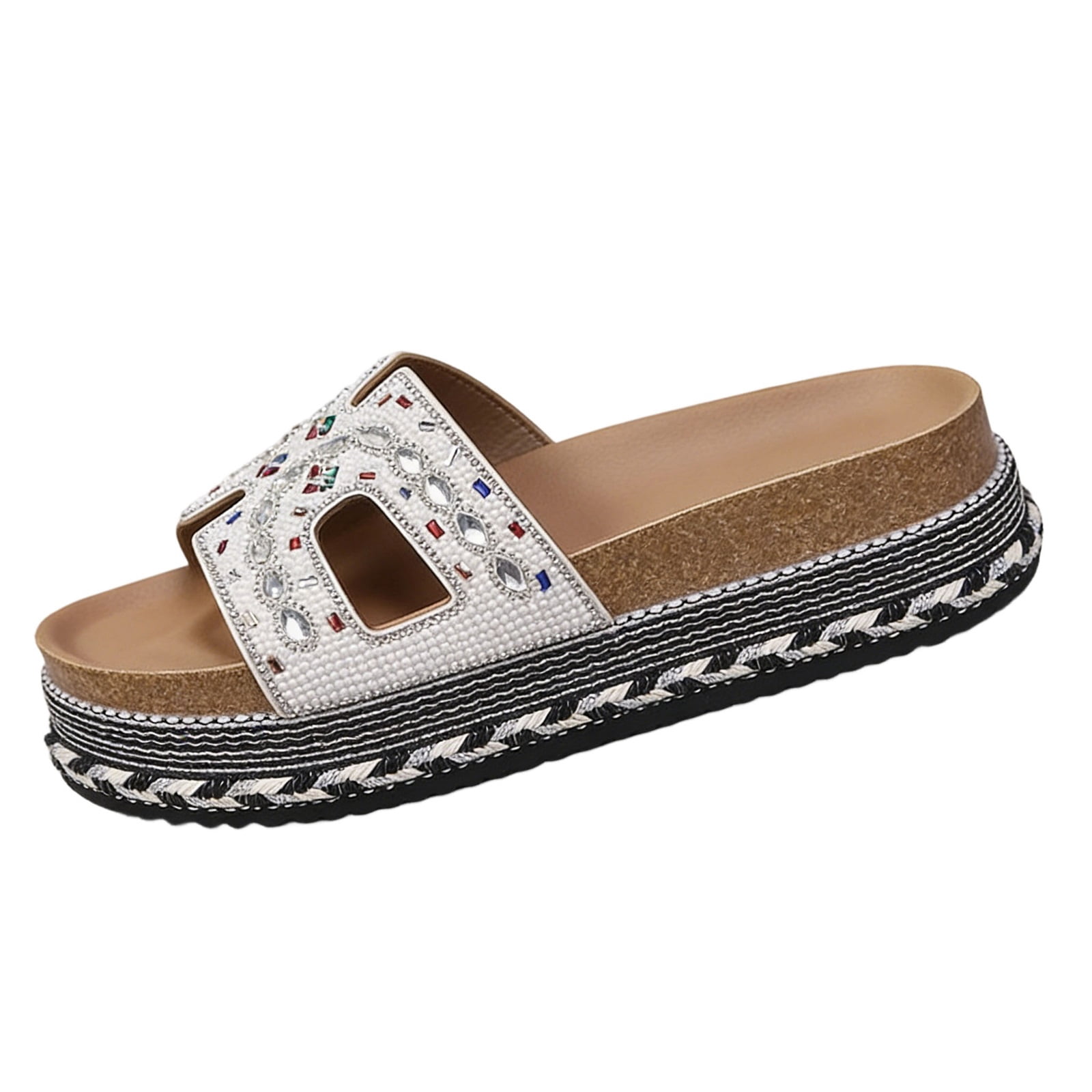 Dweltoz Women's Rhinestone Flat Sandals Cork Footbed Open Toe Platform ...