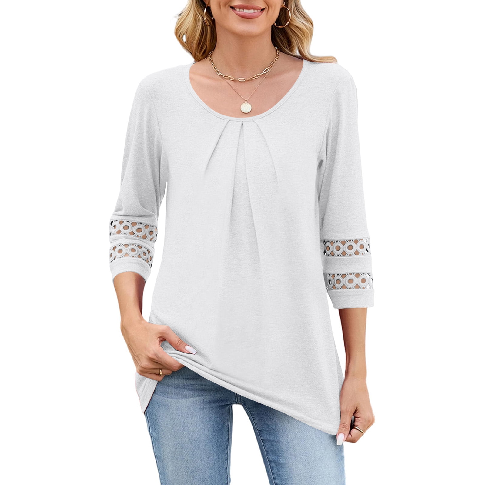 Dweltoz Womens Tops 3/4 Length Sleeve Solid Tunic Crewneck Fashon ...