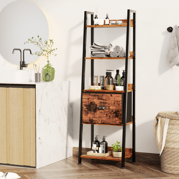 Dwezzo 5-Tier Ladder Bookshelf With Drawer, Leaning Bookcase Storage ...