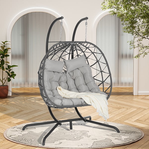 Dwluxe Double Egg Chair with Stand Hanging Outdoor Wicker Rattan Patio ...