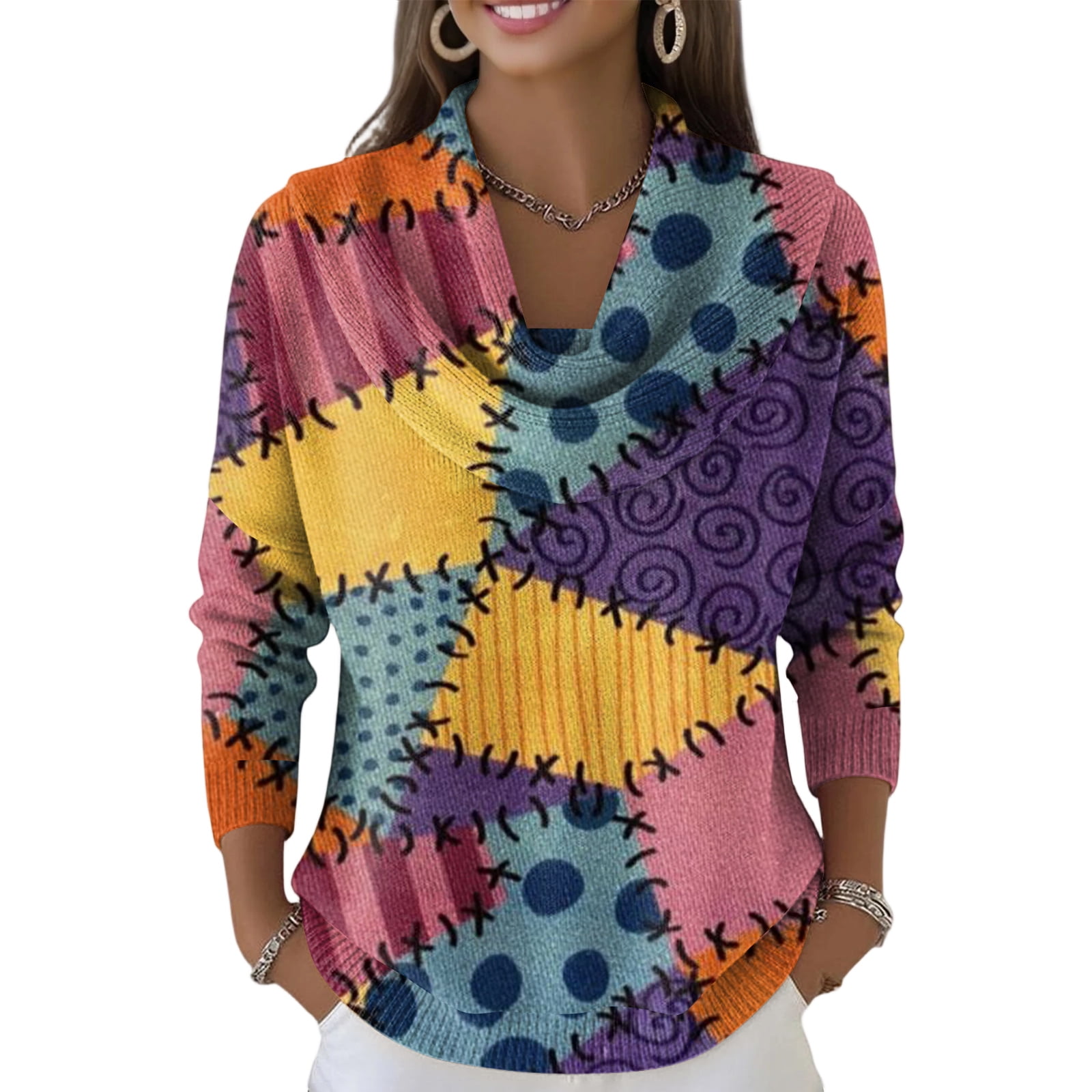 Dwralegc Elegant Retro Soft Triangle Neck Multicolor Sweater Top ...