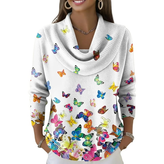 Dwralegc Elegant Retro Soft Triangle Neck Printed Scrub Sweater Top ...