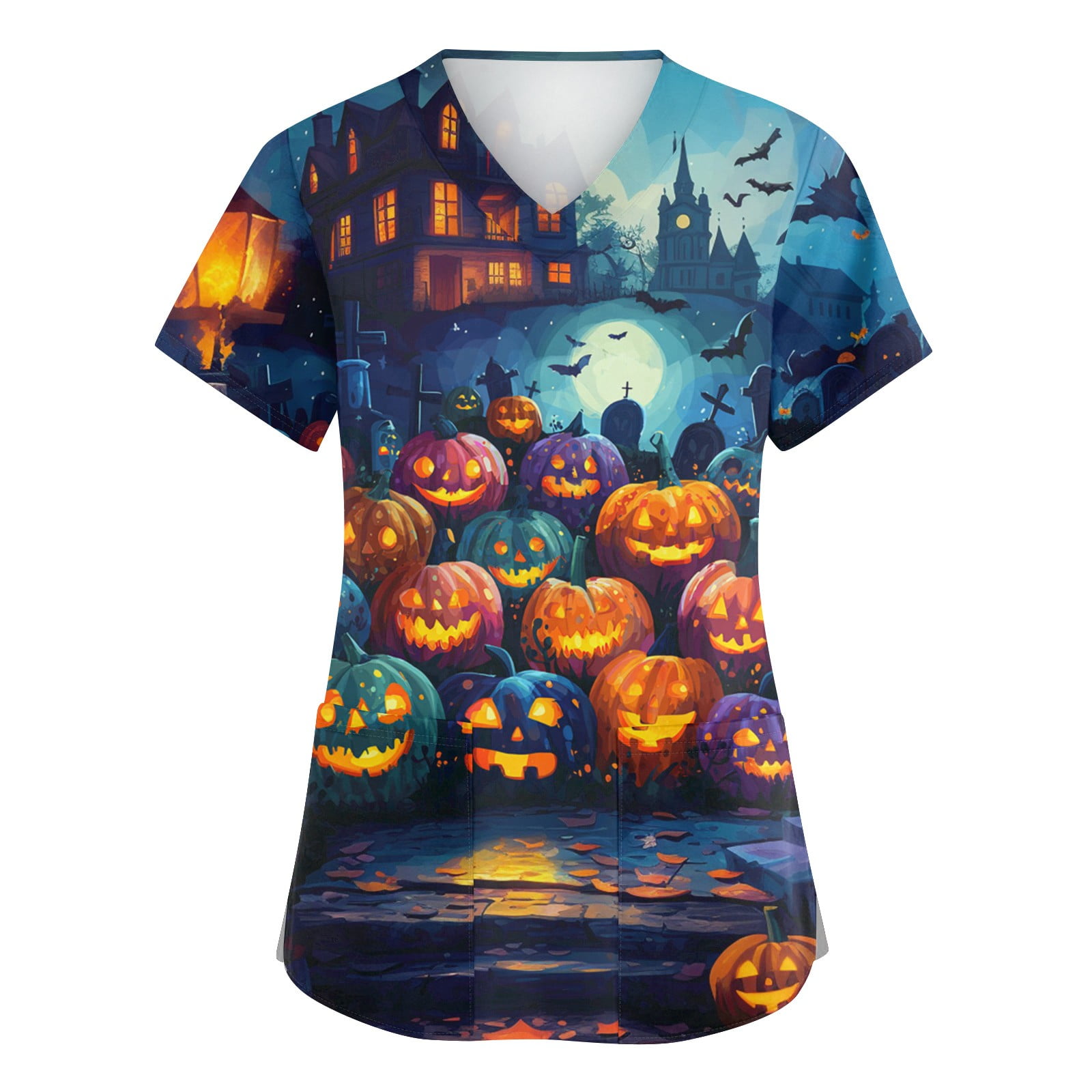 Dwralegc Halloween Scrub Tops Women V Neck Short Sleeve Scrub Shirts ...