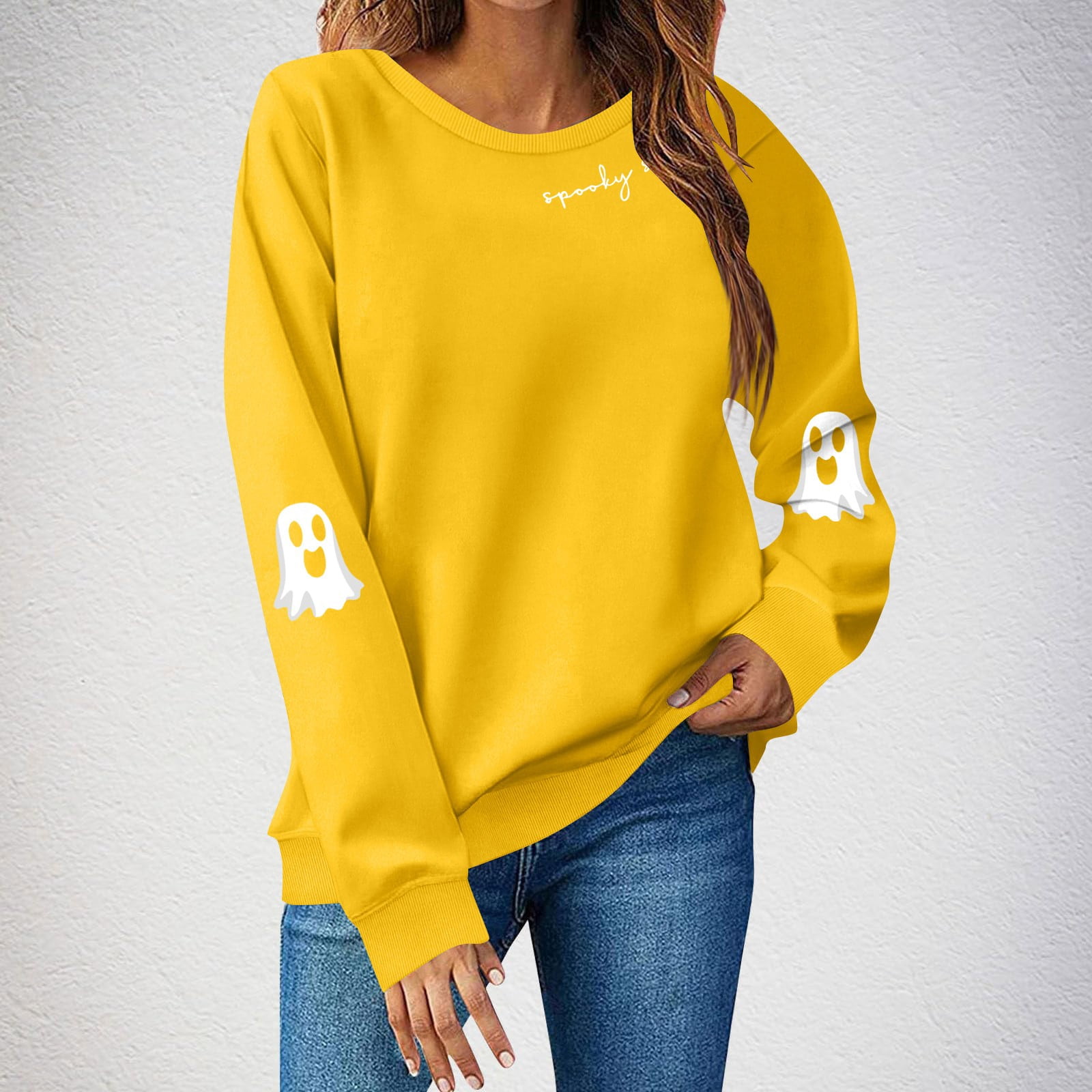 Dwralegc Halloween Sweaters for Women Cute Ghost Print Sweatshirts Long ...