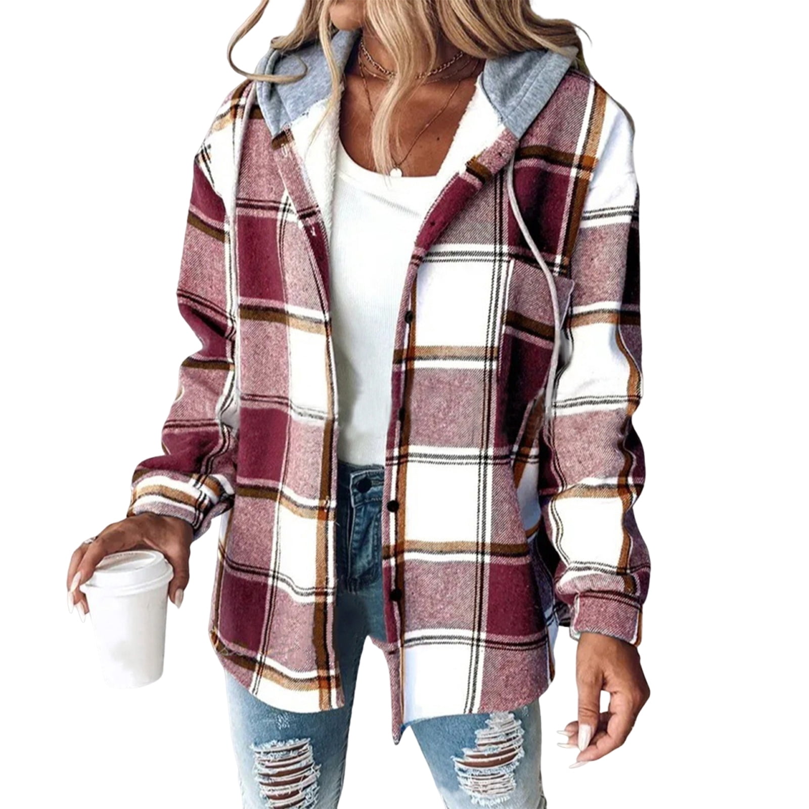 Dwralegc Jckets for Women with Hood Hooded Flannel Shacket Plaid Fleece ...