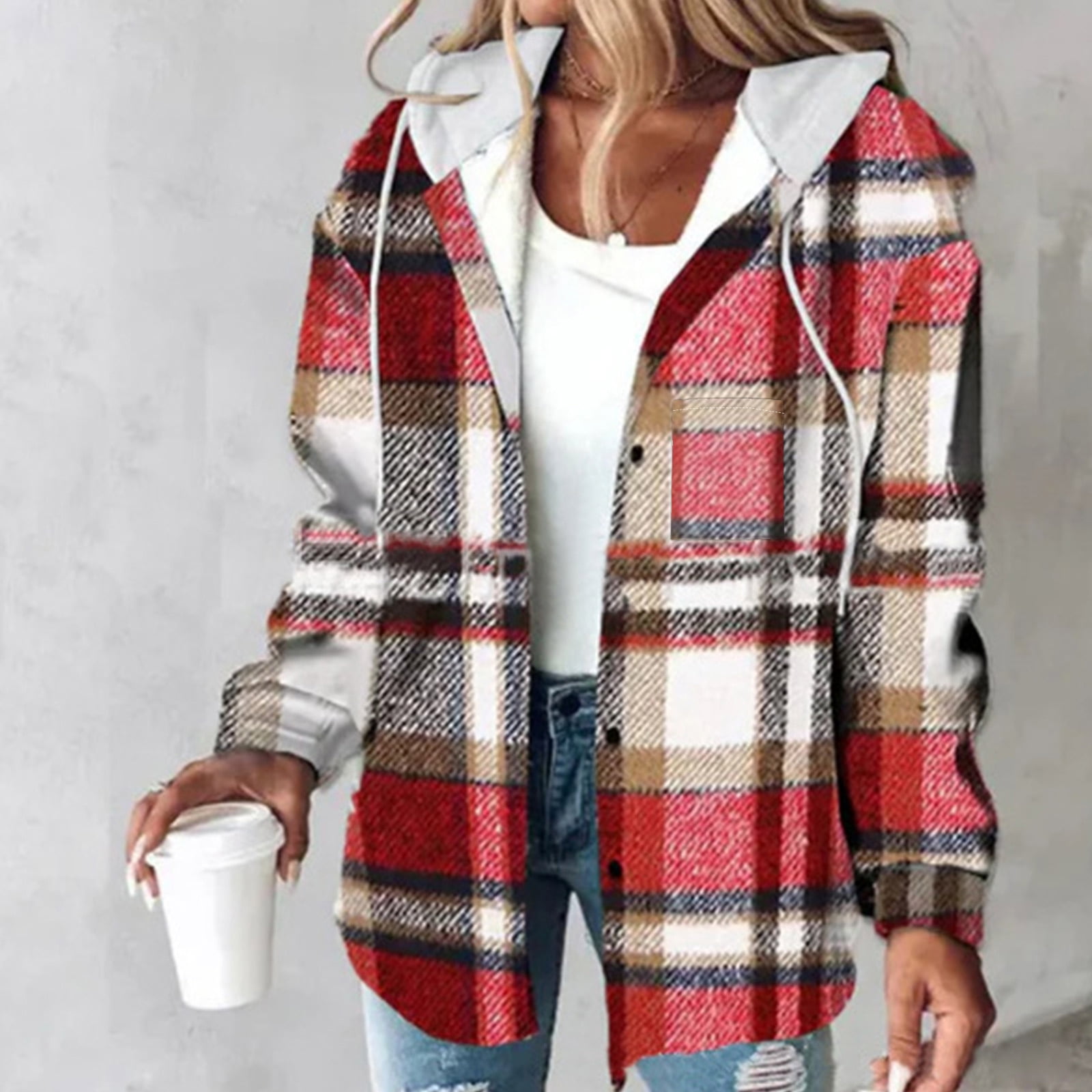 Dwralegc Shackets for Women Fleece Lined Flannel Shacket Plaid Hooded ...