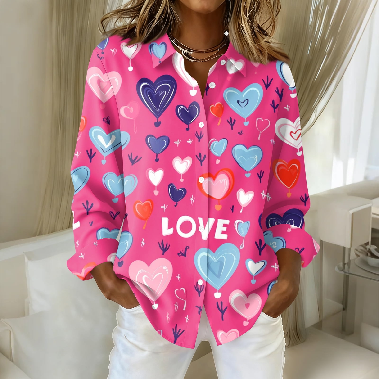 Dwralegc Valentine Shirts Women Lapel Collar Long Sleeve Clothes ...