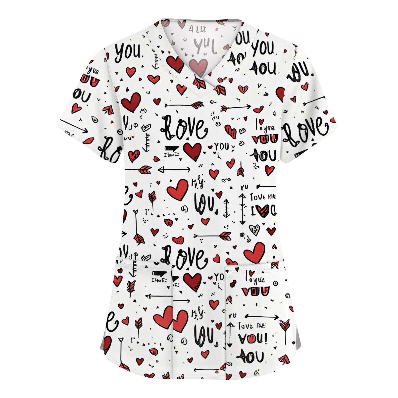 Dwralegc Valentines Day Scrub Uniforms Women V Neck T Shirts Love Heart ...
