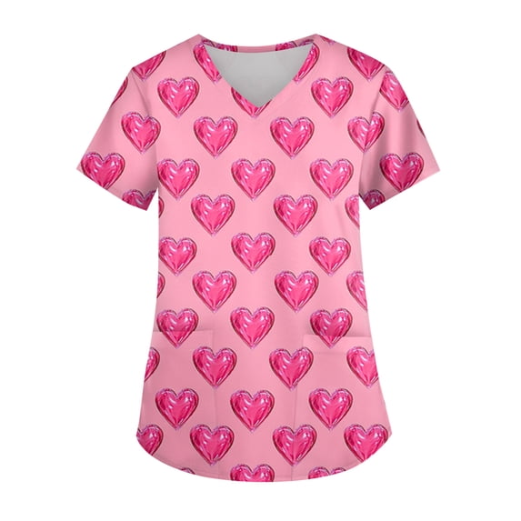 Dwralegc Valentines Day Scrub Uniforms Women V Neck Top Love Heart ...