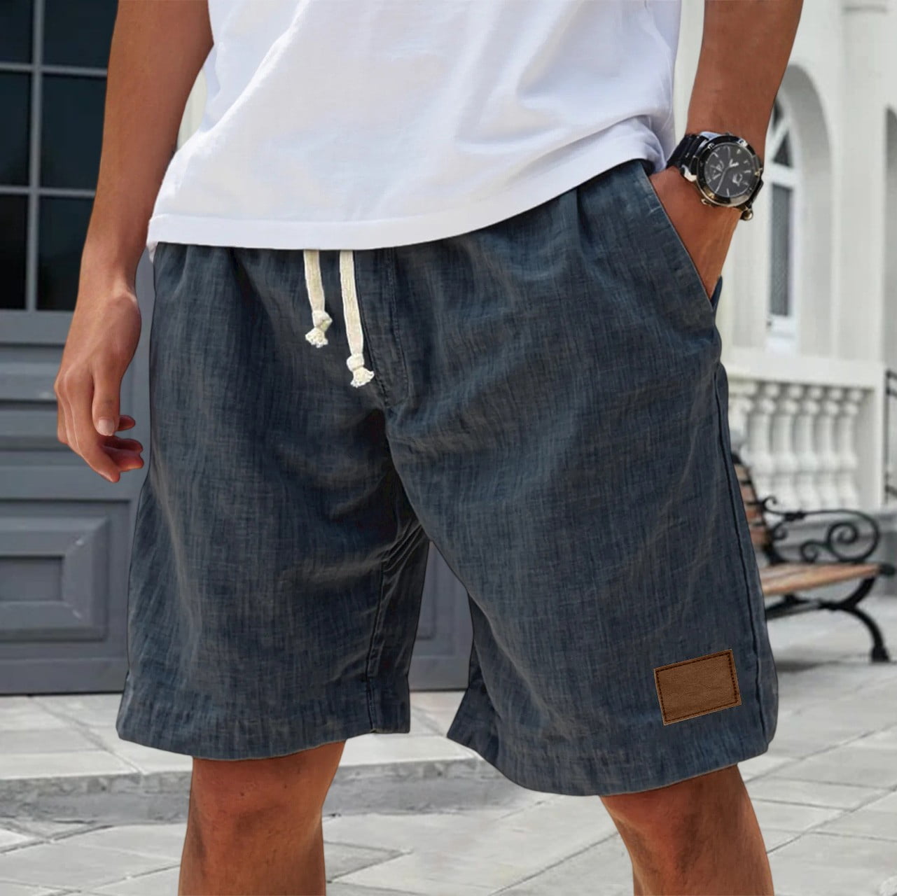 Dwralegc White Linen Shorts Men Elastic Waist Drawstring Linen Shorts ...