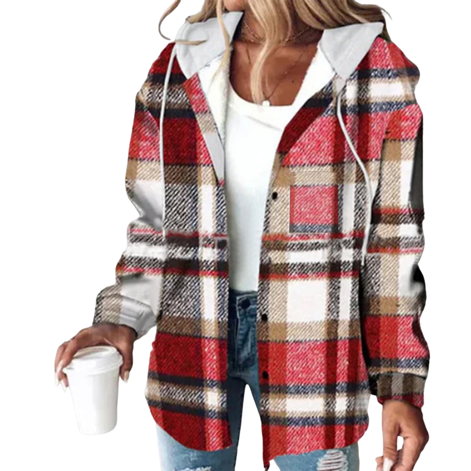 Dwralegc Women's Plaid Jackets Fleece Lined Button Down Shacket Hooded ...