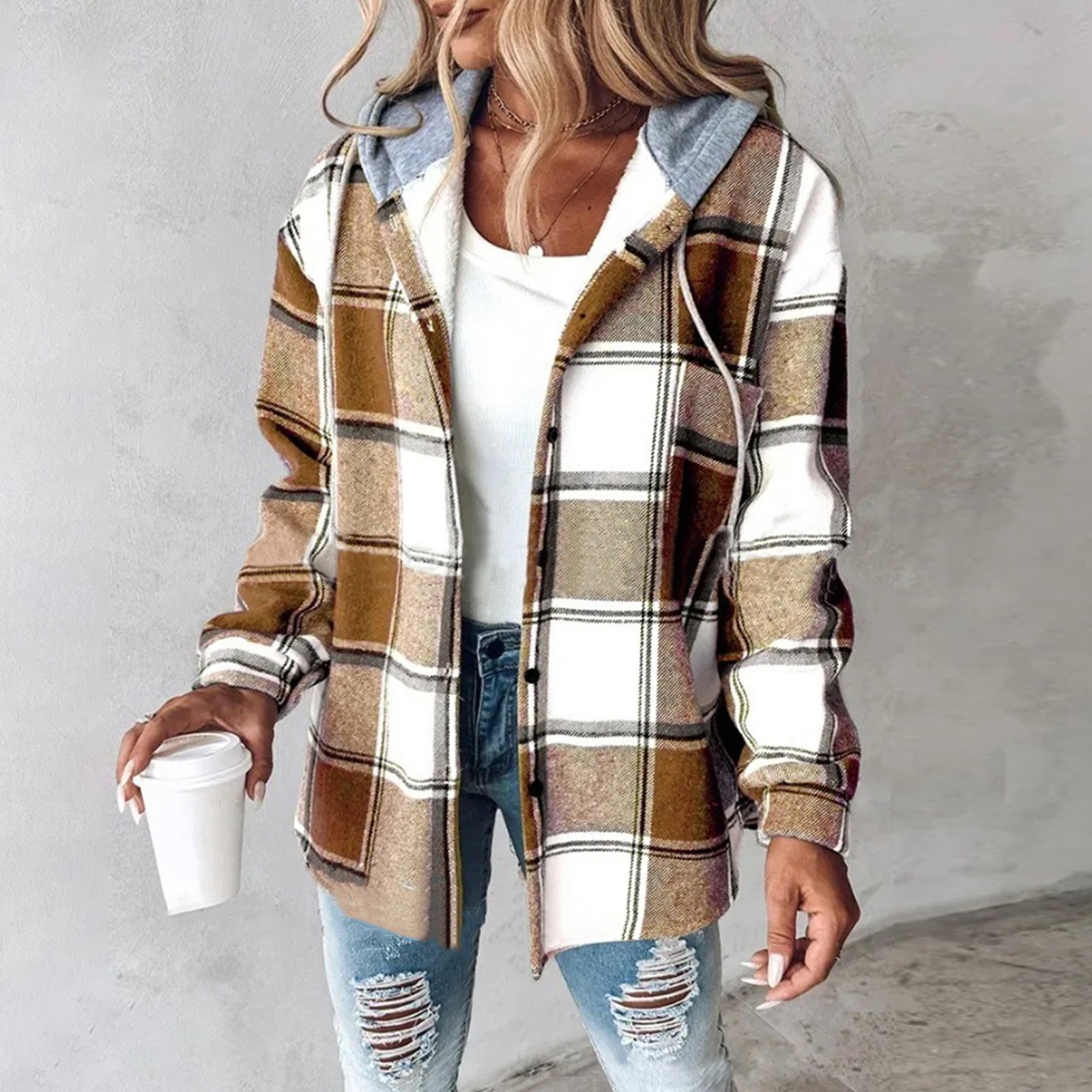 Dwralegc Women's Plaid Jackets Hooded Button Down Shacket Fleece Lined ...