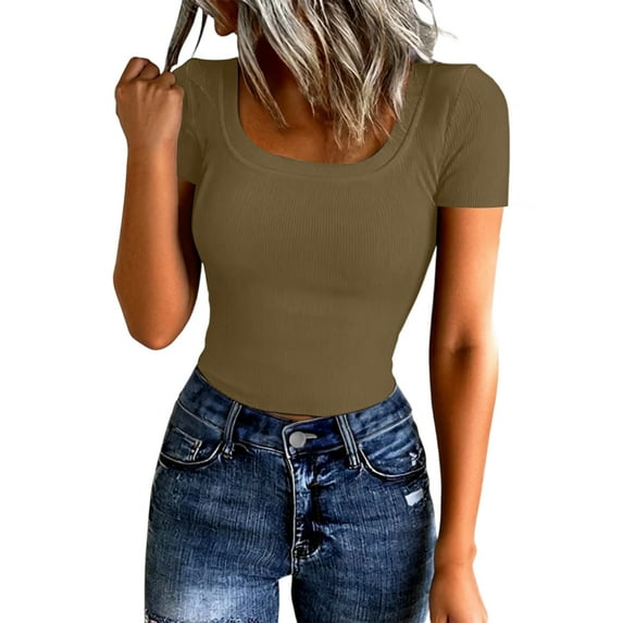 Dwralegc Women's Short Sleeve Square Neck Tops Square Neck Solid Slim ...