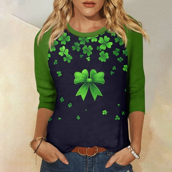 Dwralegc Women's St Patrick's Day Shirts 2026 Lucky Loose Fit 3/4 Sleeve Four Leaf Clover Print ...