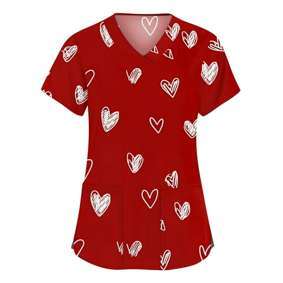 Dwralegc Women's Valentines Printed Scrub Tops V Neck Tee Heart Pattern ...