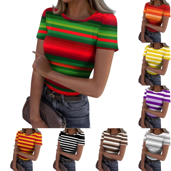 Dwralegc Womens Casual Short Sleeve Striped Tops Basic Fitted Striped ...