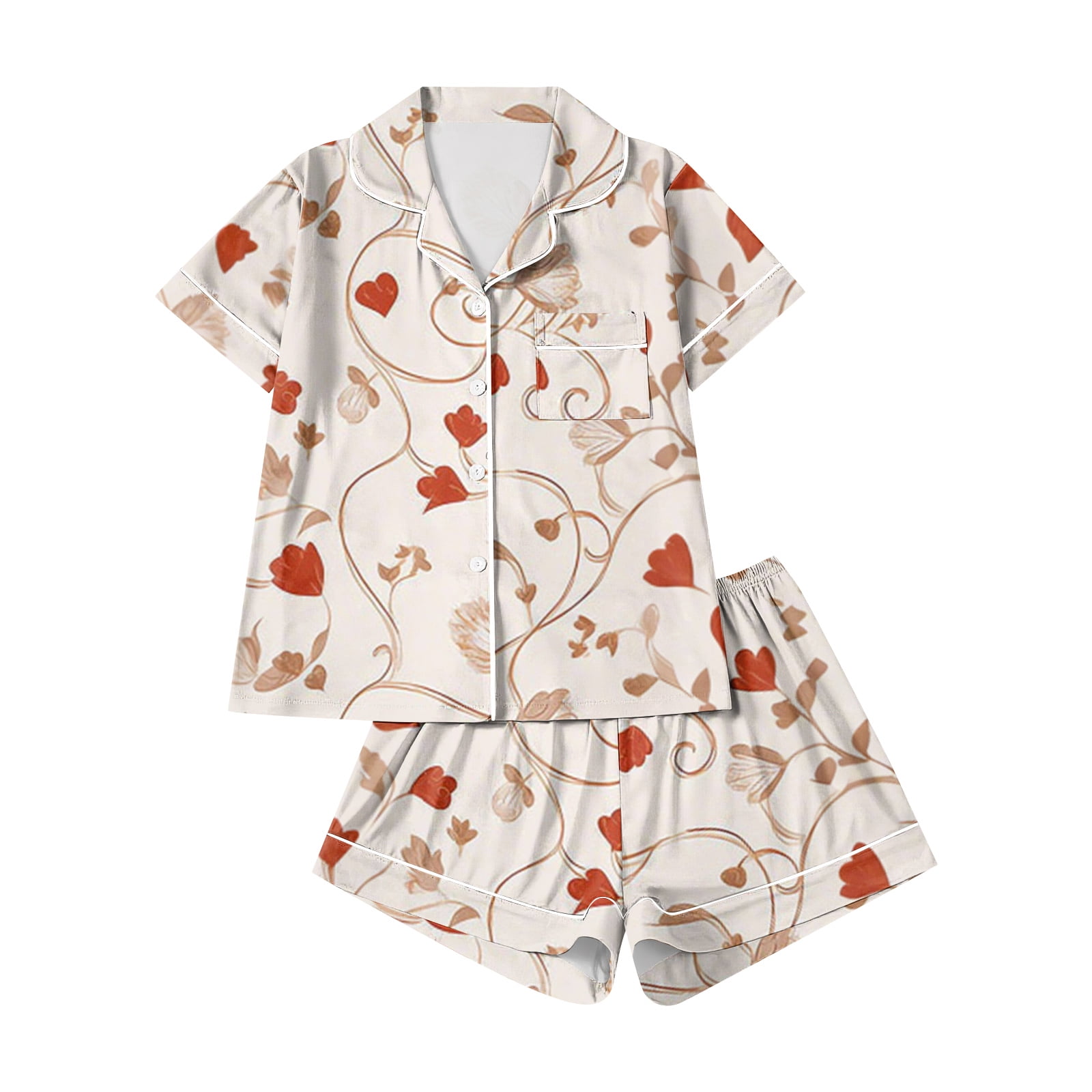 Dwralegc Womens Pajama Sets Valentines Love Heart Print Lapel Button ...