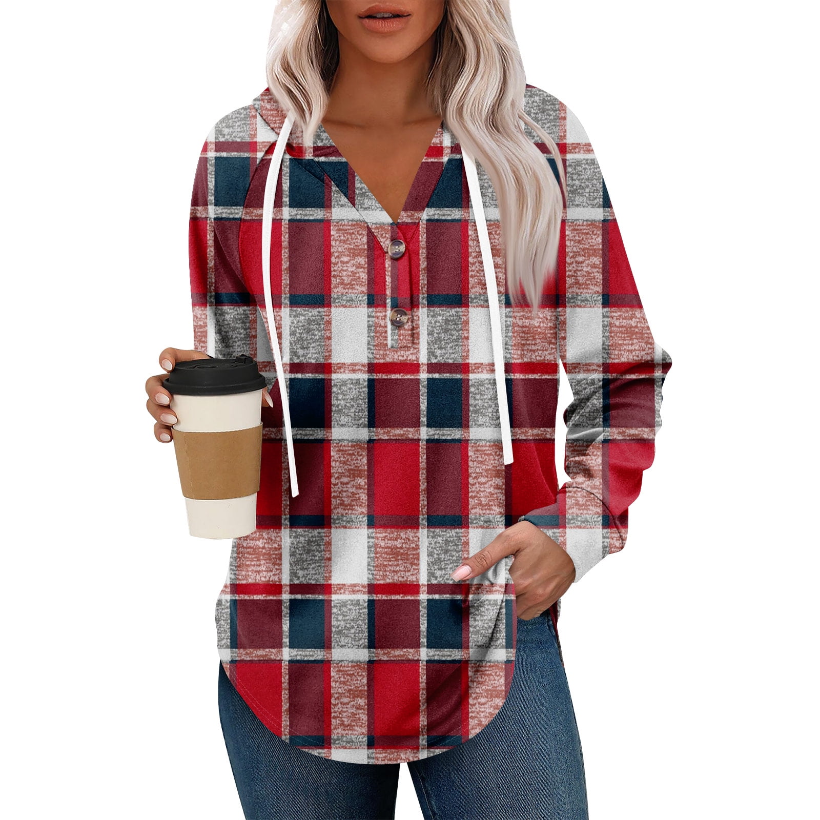 Dwralegc Womens Soft Plaid Hoodie Long Sleeve Cute Button Down ...