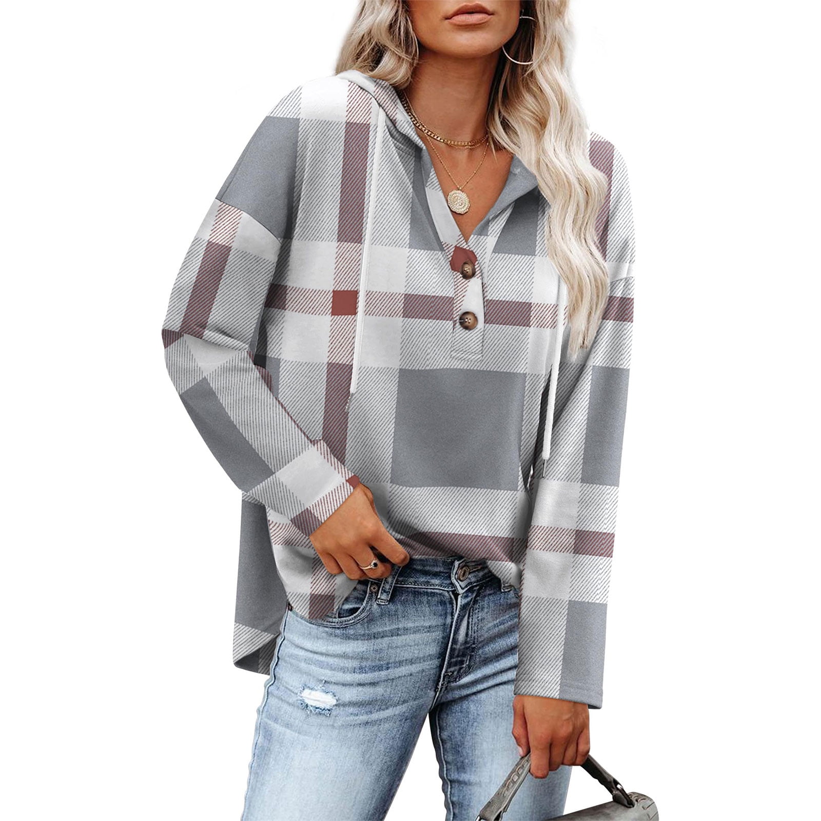 Dwralegc Womens Soft Plaid Hoodie Plaid Casual Button Sweatshirt Loose ...