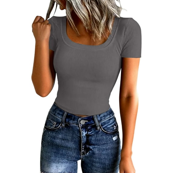 Dwralegc Womens Summer Short Sleeve Tops Ribbed Knit Square Neck Slim ...