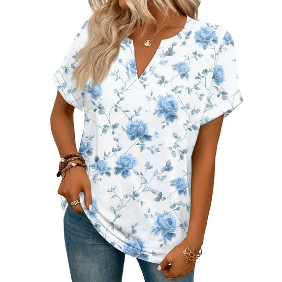 Dwralegc Womens Summer Tops Casual Short Sleeve V Neck Shirt Cute ...