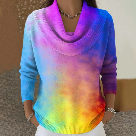 Dwralegc Womens Sweaters Fashion Multicolor Cowl Neck Knitted Pullover ...