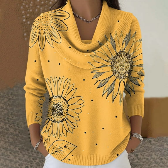 Dwralegc Womens Sweaters Fashion Printed Scrub Cowl Neck Knit Blouses ...