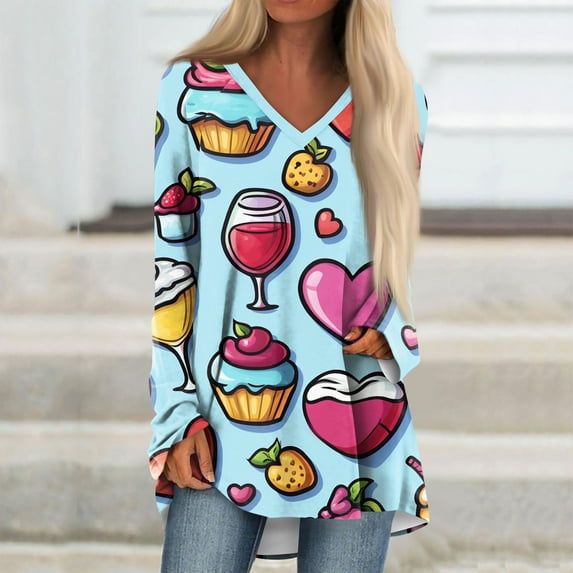 Dwralegc Womens Valentine Tops Long Sleeve Funny V Neck Cute Top Spring ...