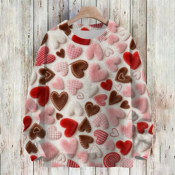 Dwralegc Womens Valentines Day Sweater Heart Print Plus Size Sweater ...