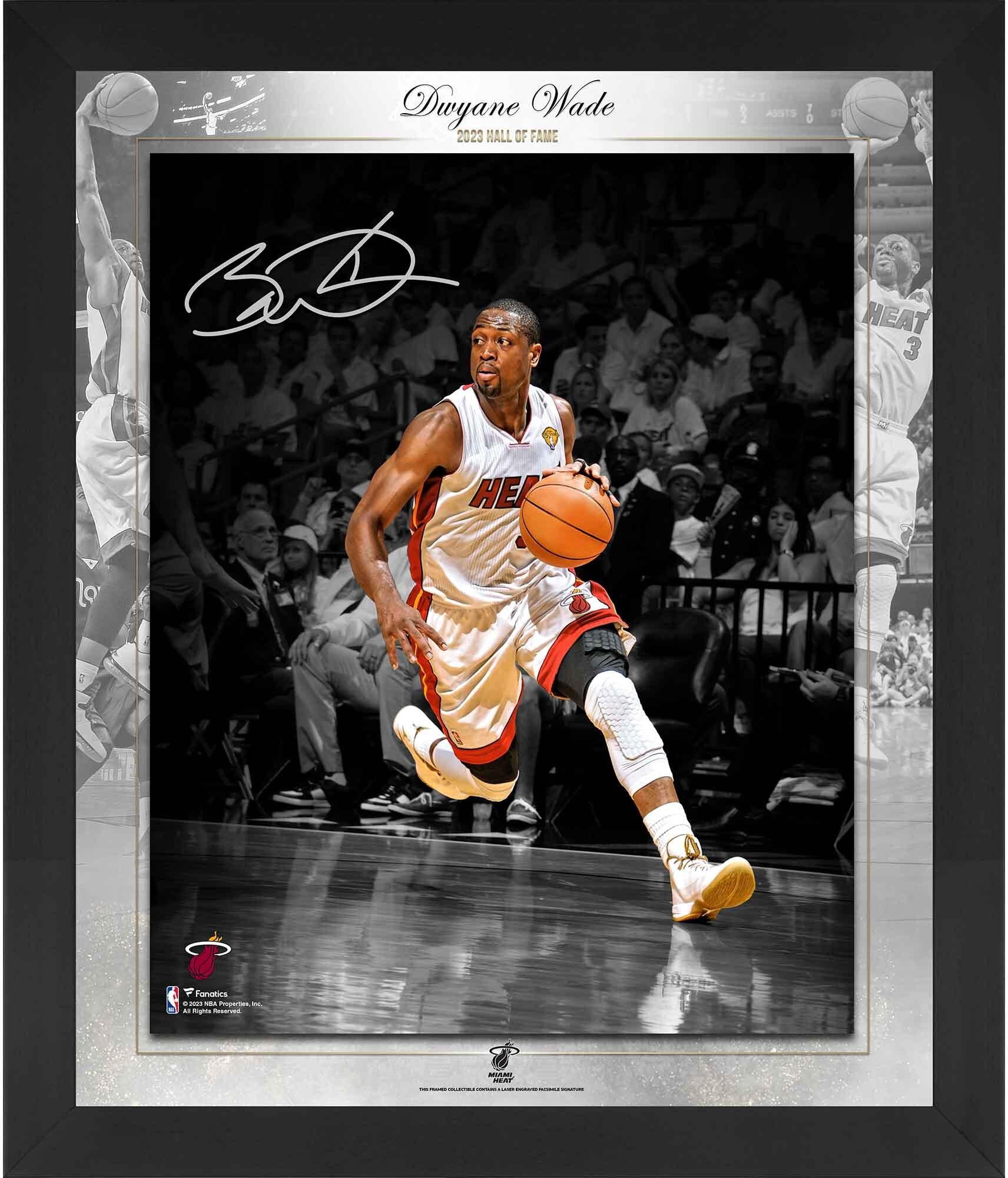 Dwyane Wade Miami Heat Framed Autographed 20" x 24" Dribbling in White ...