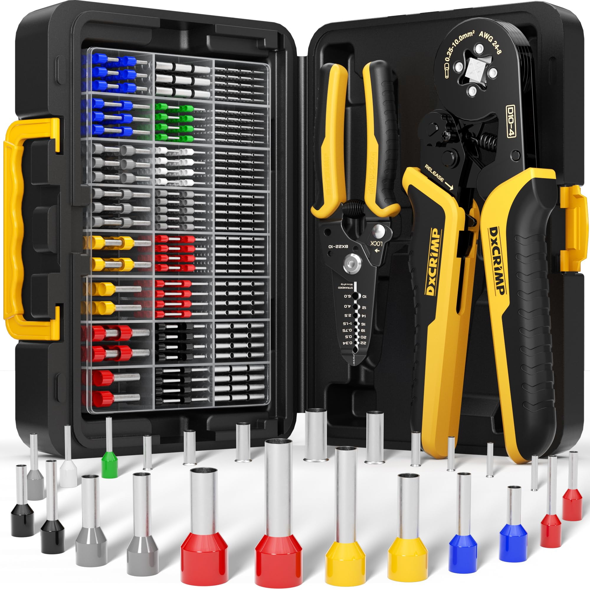 DxCRIMP Ferrule Crimping Tool Kit, Ratchet Pliers for 24-8 AWG with 24 ...