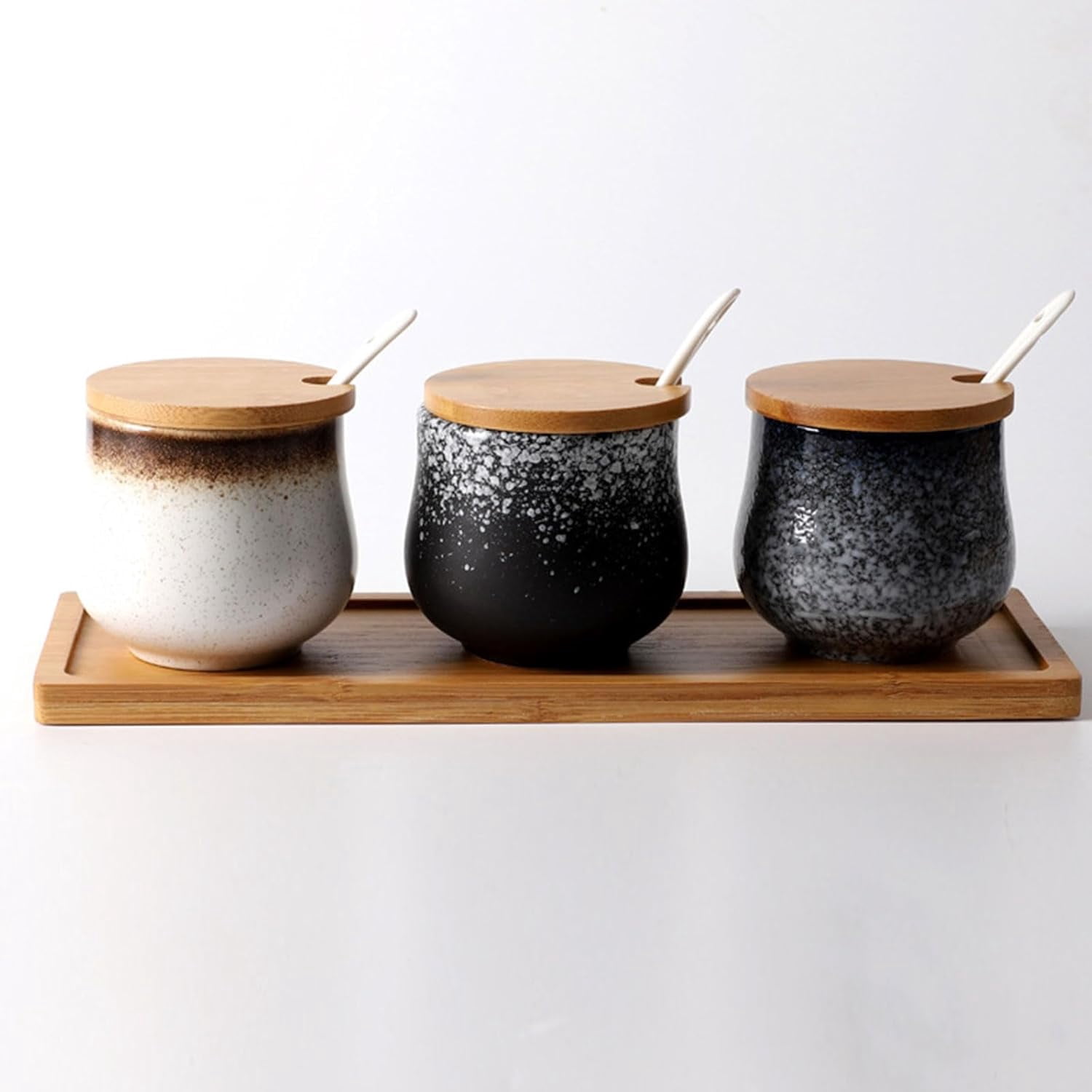 Dxcaicc Rustic Ceramic Spice Jar Set With Tray, Spoon, Seasoning ...