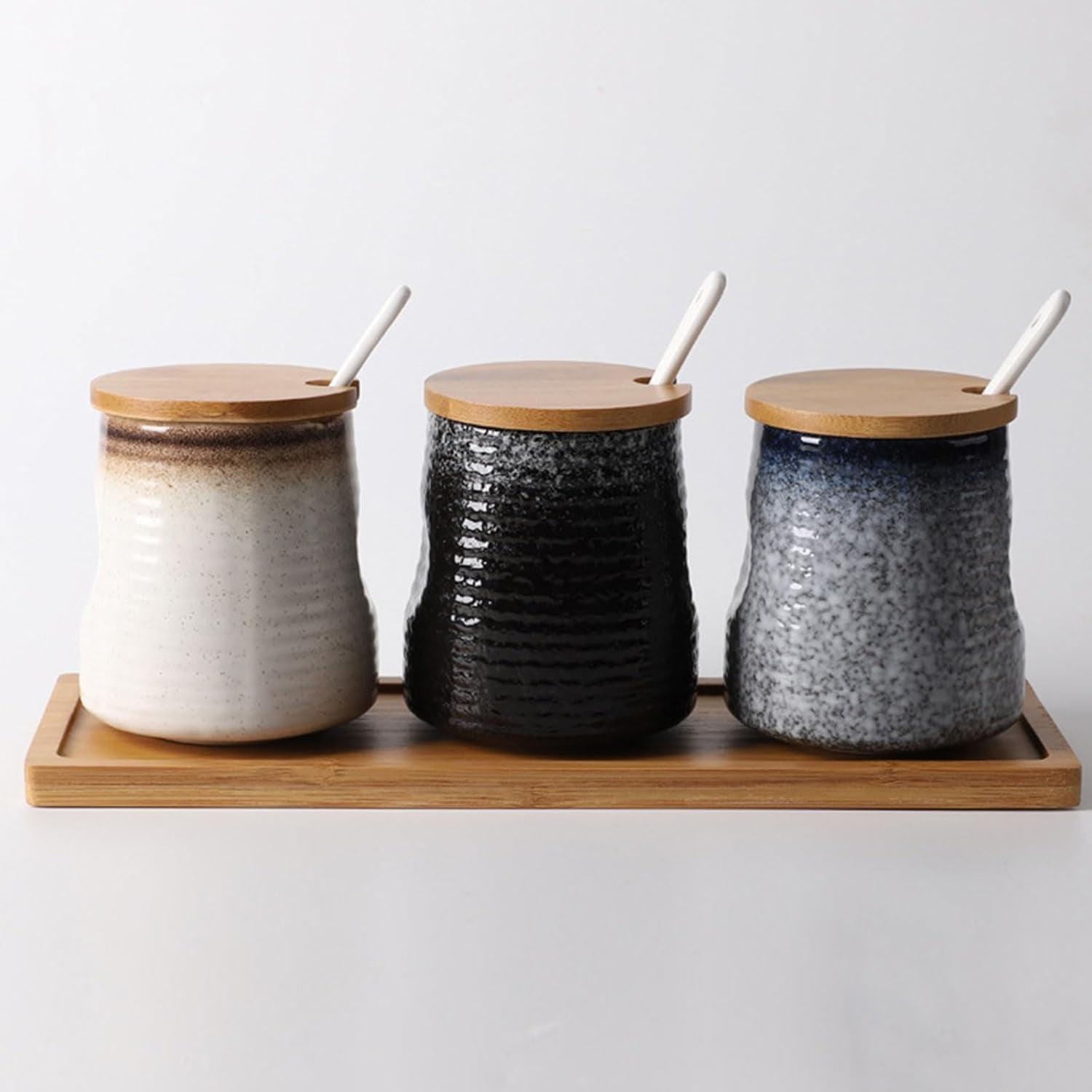 Dxcaicc Rustic Ceramic Spice Jar Set With Tray, Spoon, Seasoning ...