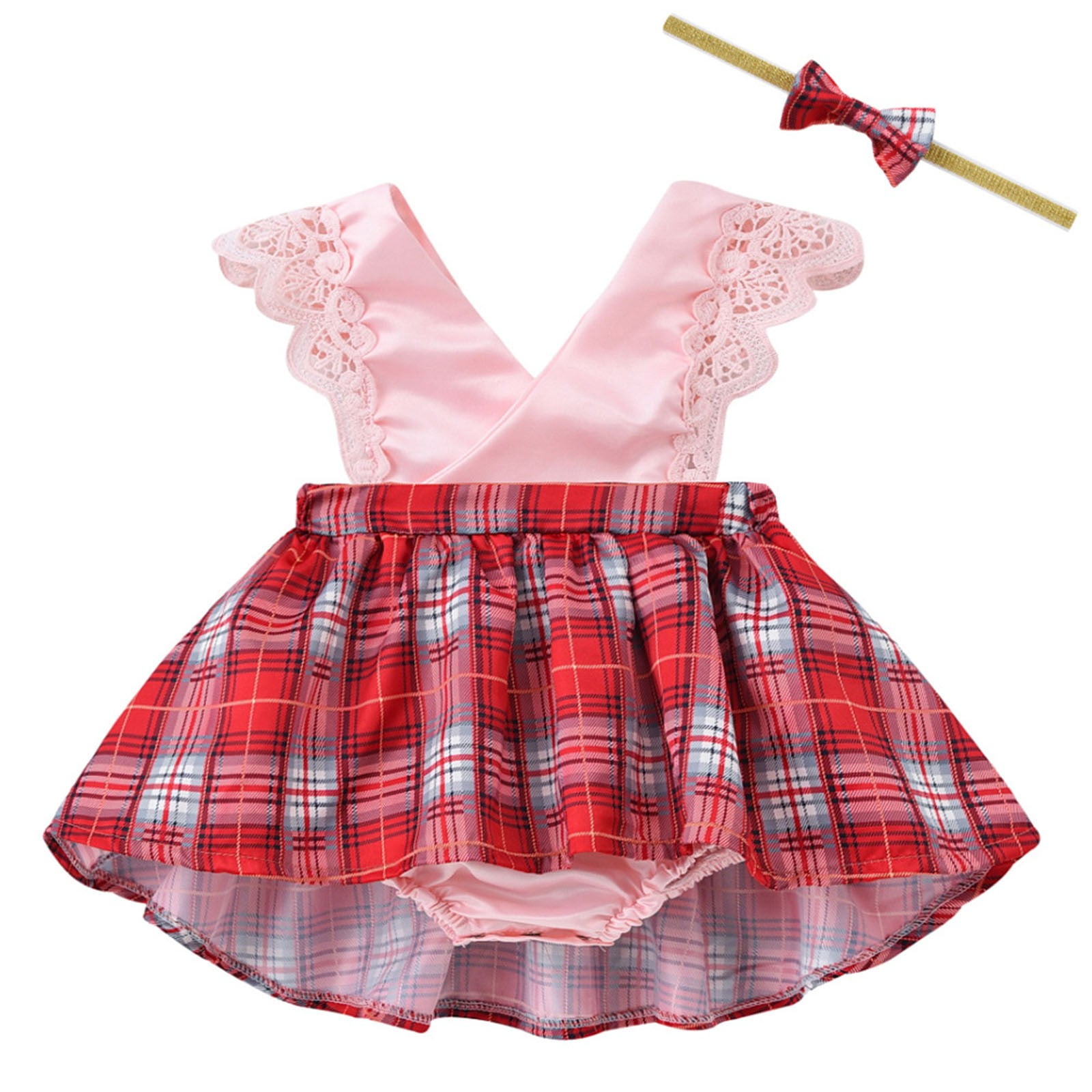 DxhmoneyHX Baby Girl Plaid Skirted Romper Lace Trim Elastic Waist ...