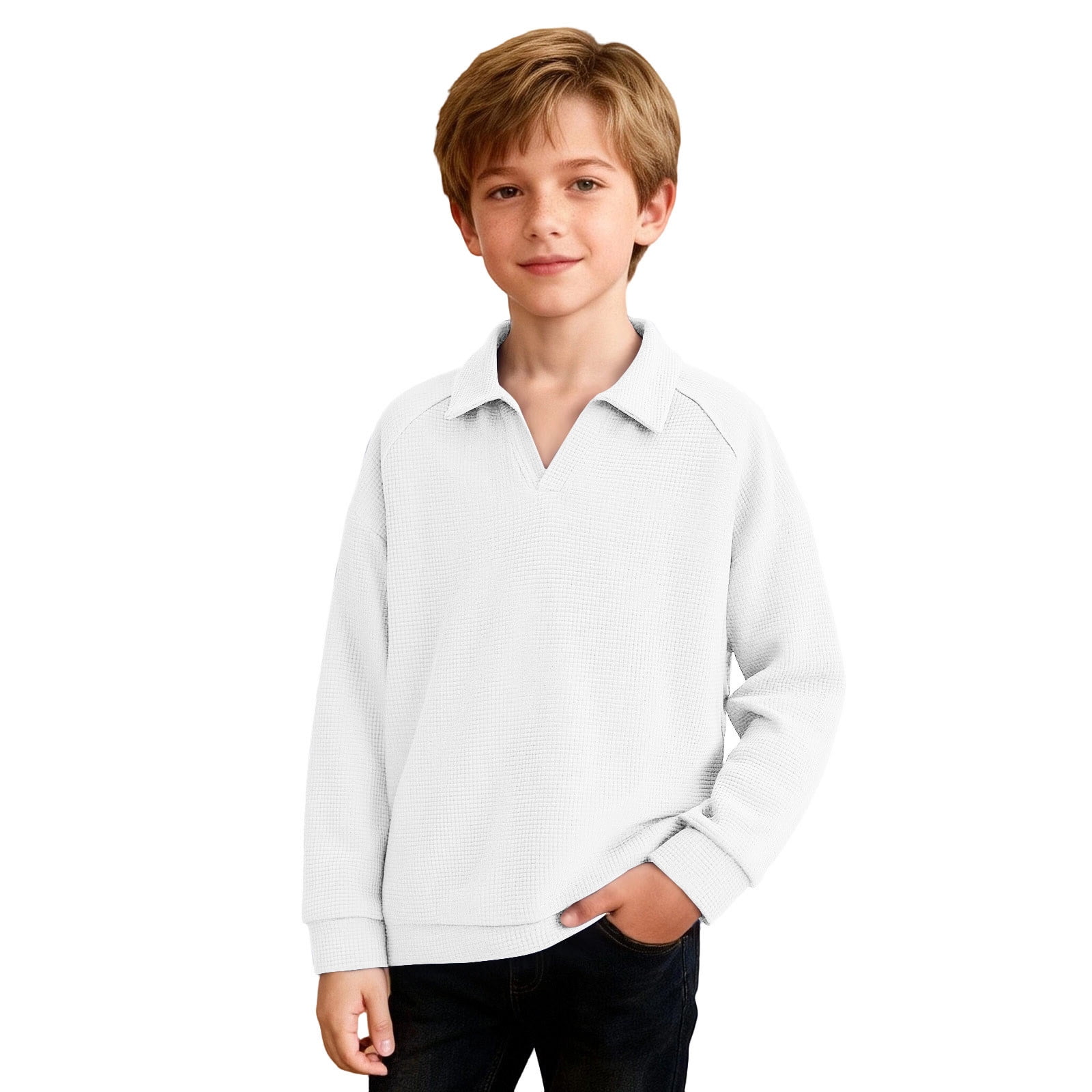 DxhmoneyHX Boys Long Sleeve Shirts V Neck Lapel Waffle Knit Tops Casual ...