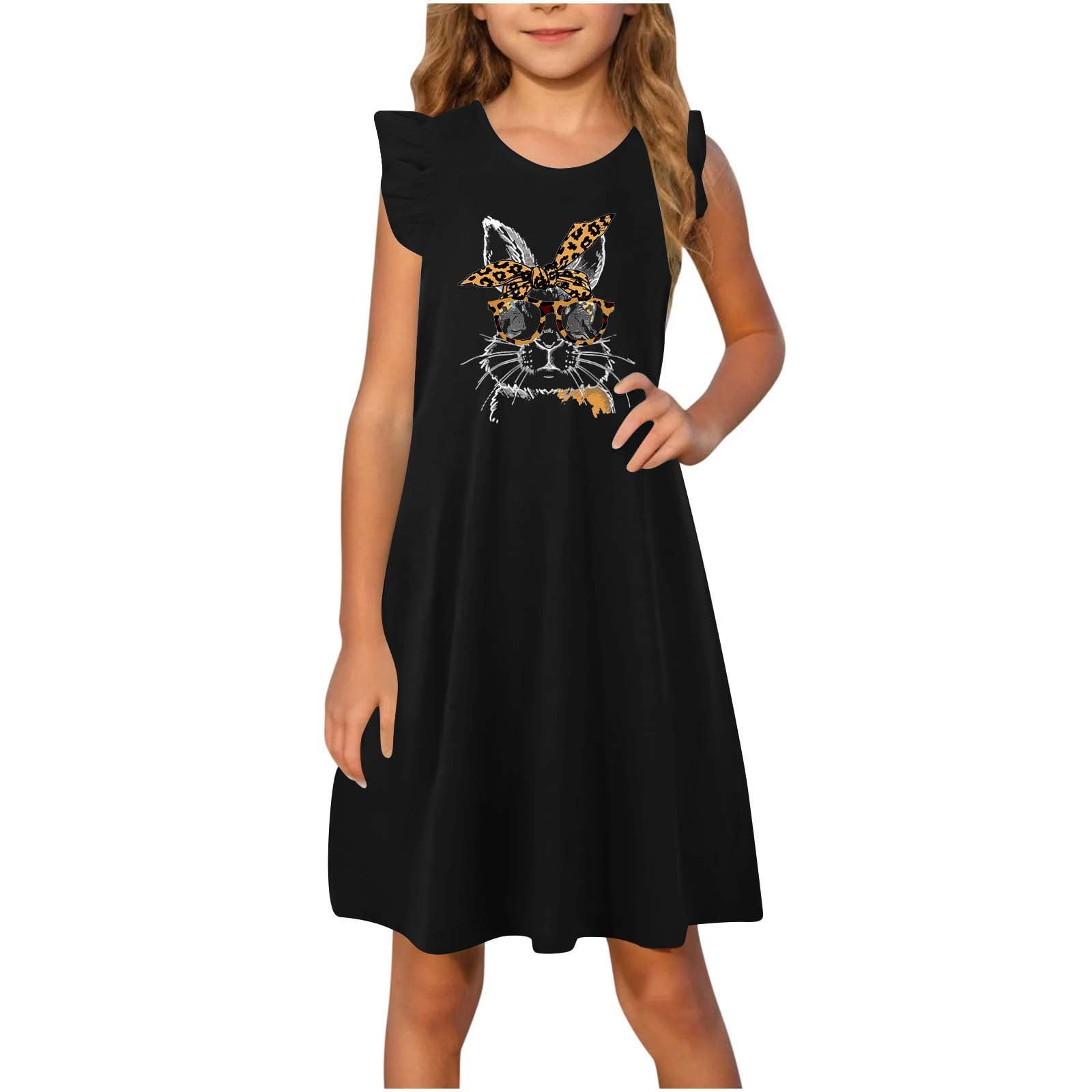 DxhmoneyHX Girls Casual Beach Dress Crew Neck Easter Print Ruffled ...